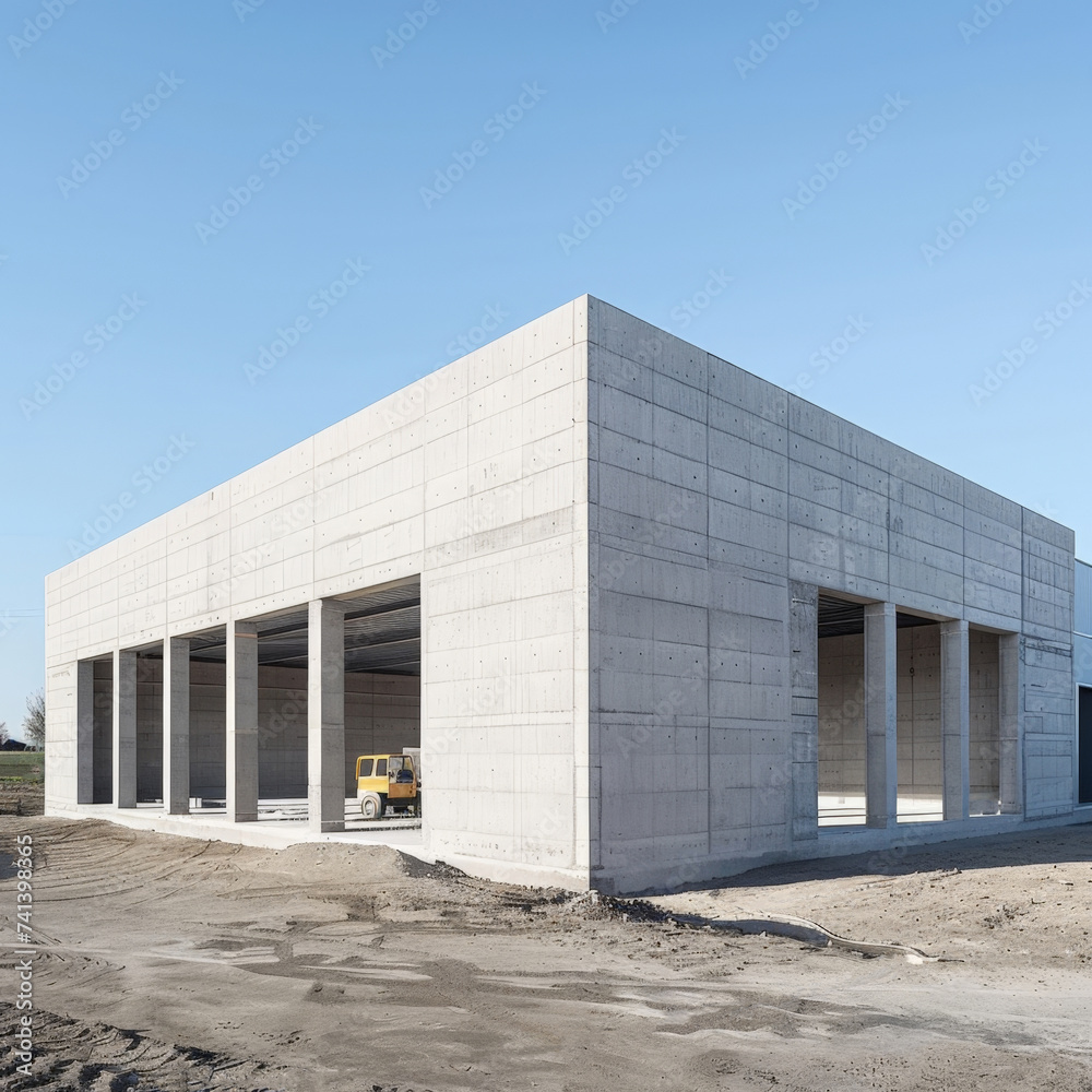 construction site of a concrete building, facade with huge window ...