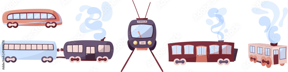 Set of hand draw train isolated on white. Vector illustration in retro ...