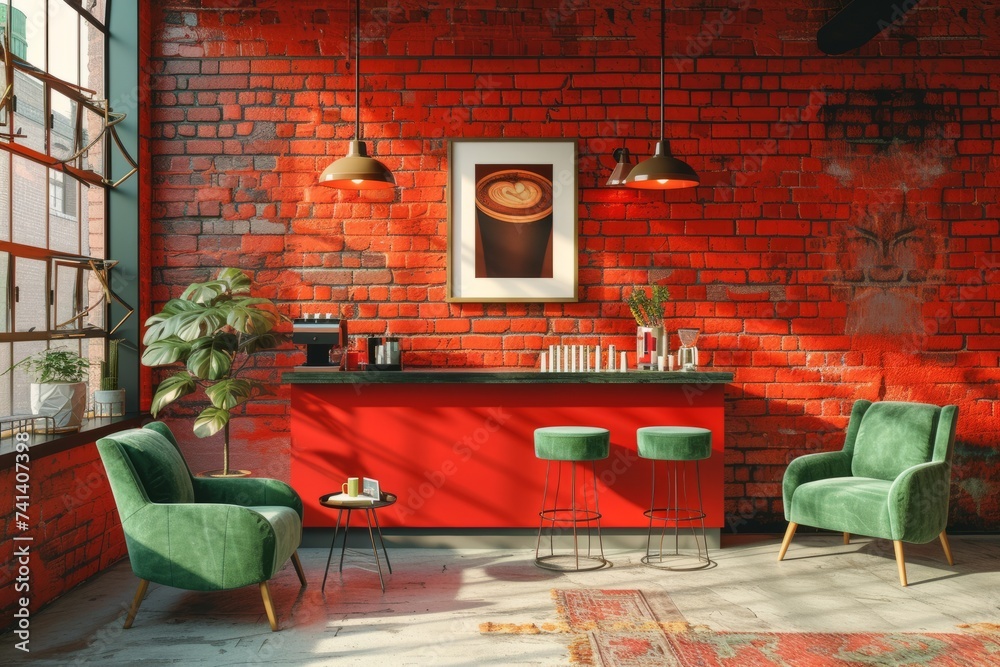 Red Brick Cafe Bar with Indoor Greenery and Modern Seating Arrangemen ...
