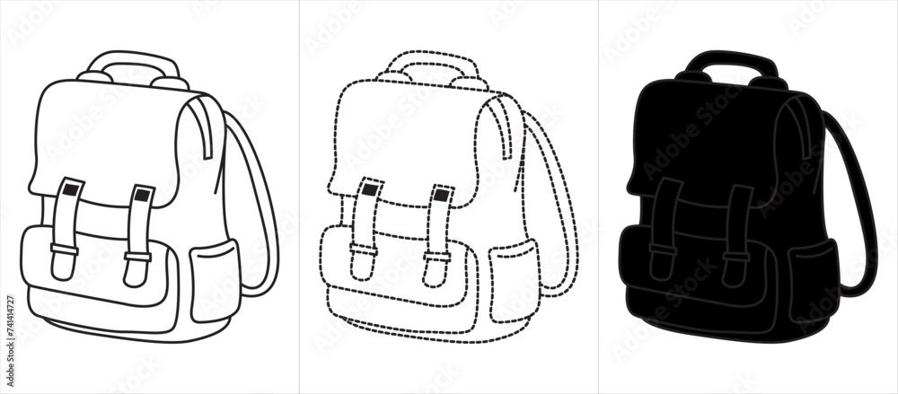 School bag in 3 different styles: color, contour, cartoon outline trace ...