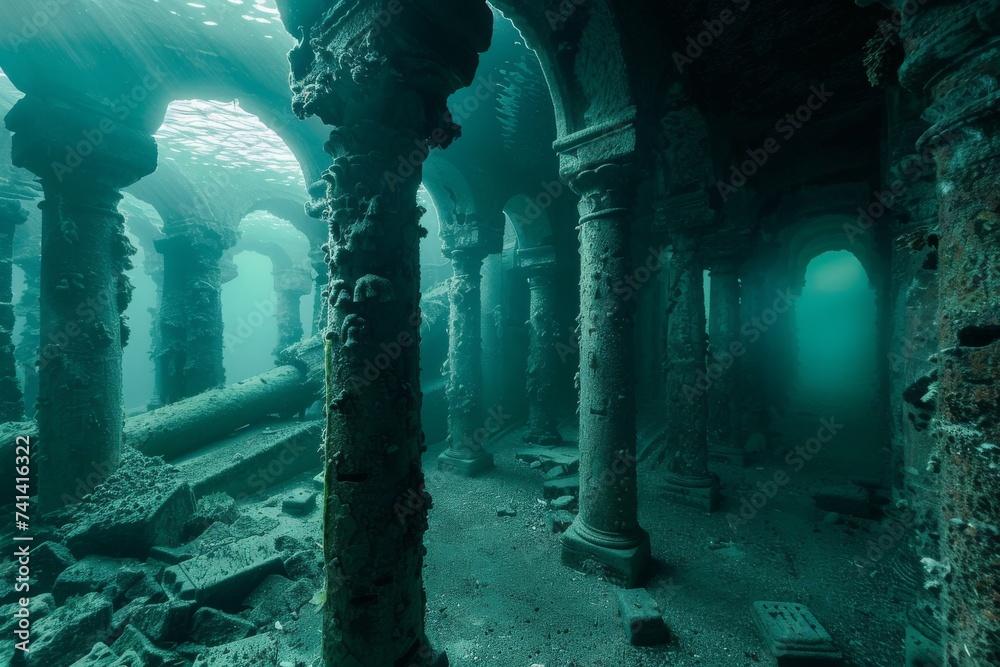 hauntingly beautiful scene of submerged ruins, where the remnants of ...