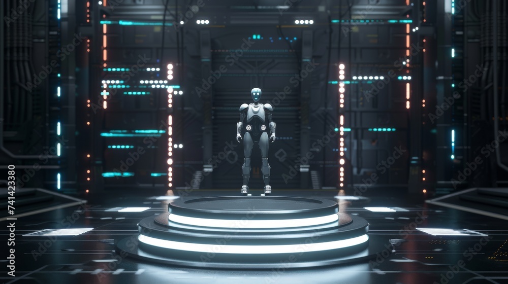 captivating image of a humanoid robot, standing at attention in a ...
