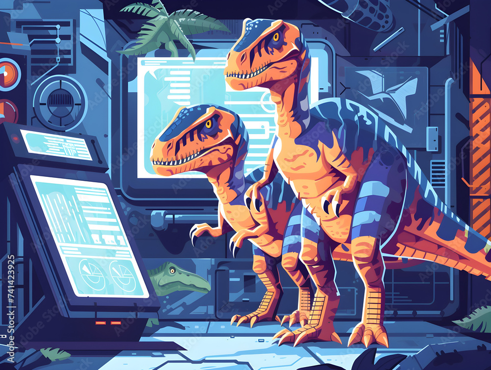 Futuristic Laboratory Dinosaurs: T-Rex Duo Analyzing Data on High-Tech ...