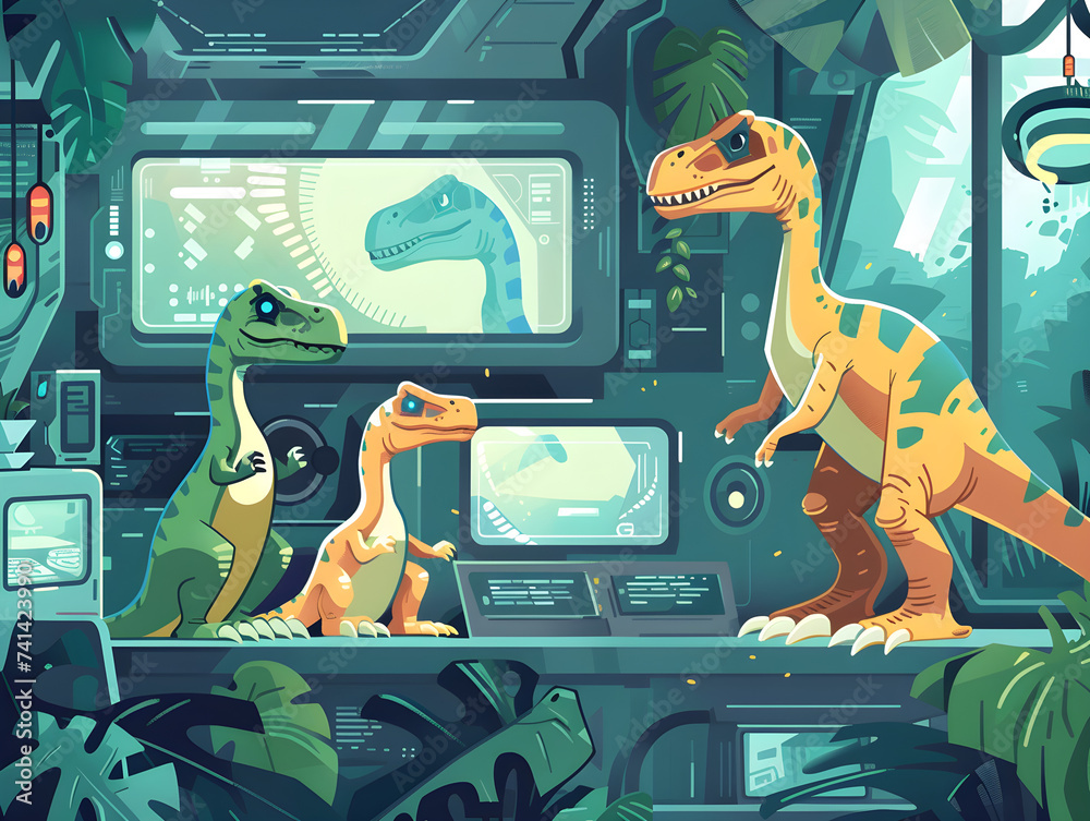 Cartoon Dinosaur Scientists in Futuristic Lab Overlooking Jungle - Sci ...