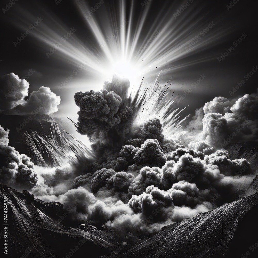 Undermining the earth's geological rock for excavation. Flash, clouds ...