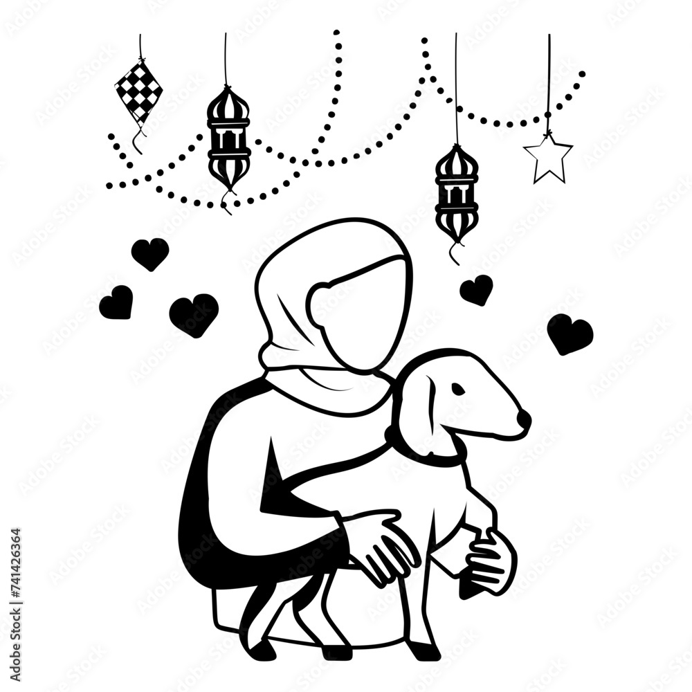 Village Girl Cuddling Small Sheep Vector Design Eid Al Adha Eid Ul Kabir Symbol Hajj Sign
