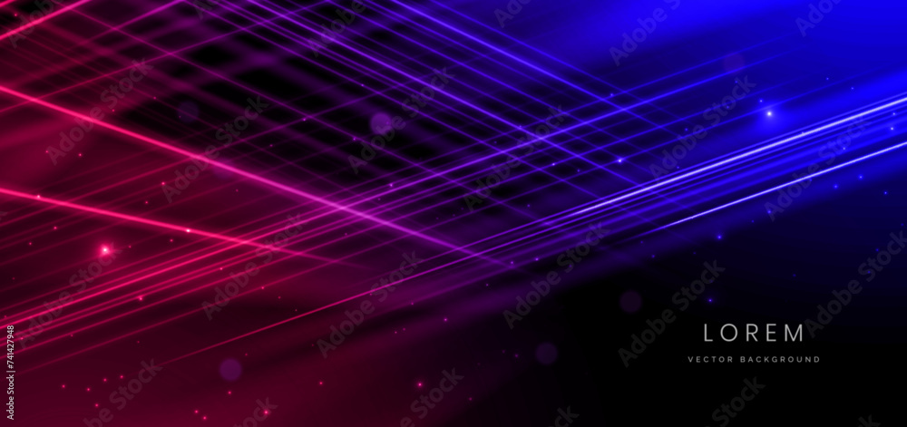 Abstract red and blue light diagonal lines on black background with ...