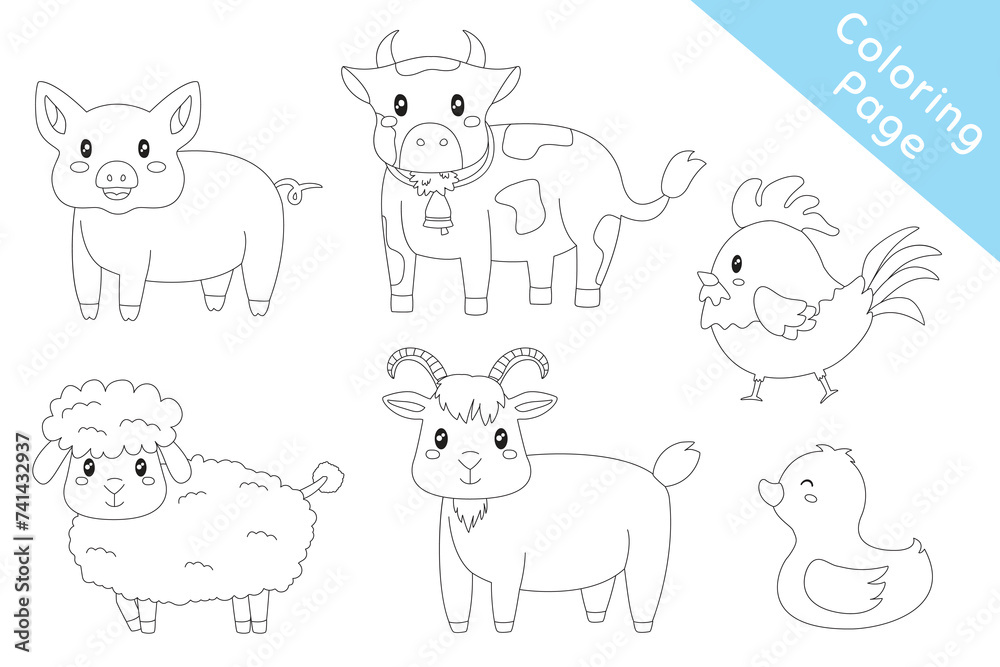 Cute farm animals black and white outline cartoon vector for kids ...