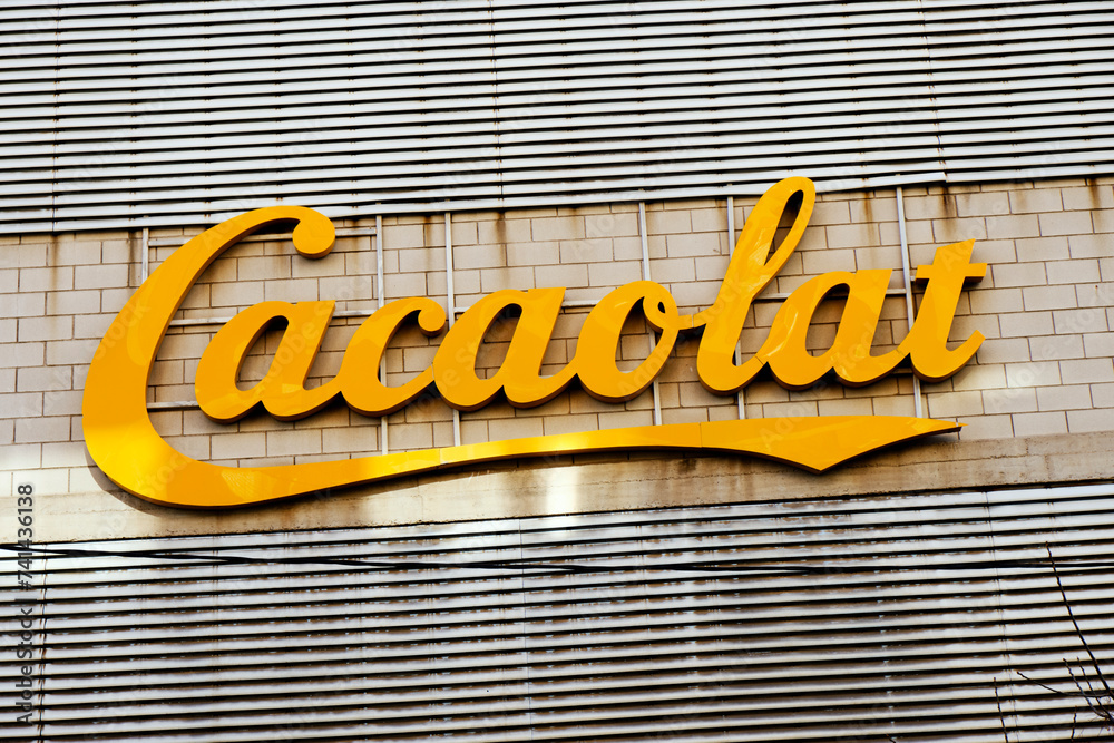 Cacaolat sign in the facade of the Cacaolat headquarters, the brand of ...