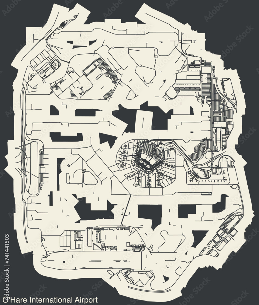 High contrasted terminals layout diagram map with airfield road lines ...