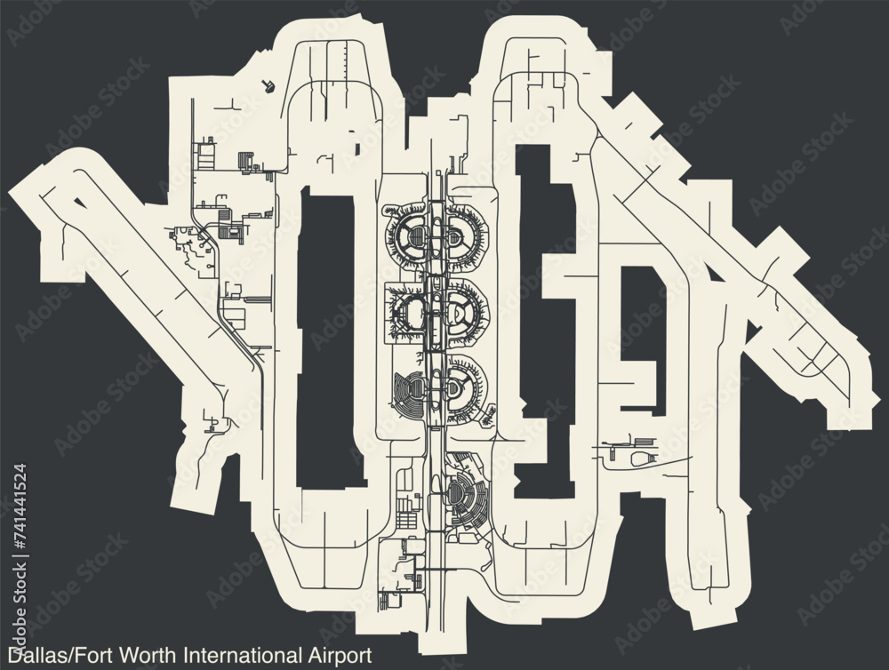 High contrasted terminals layout diagram map with airfield road lines ...