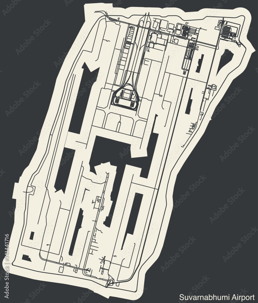 High contrasted terminals layout diagram map with airfield road lines ...