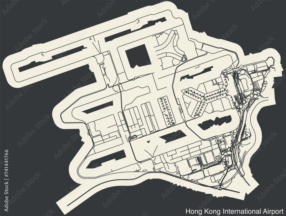 High contrasted terminals layout diagram map with airfield road lines ...
