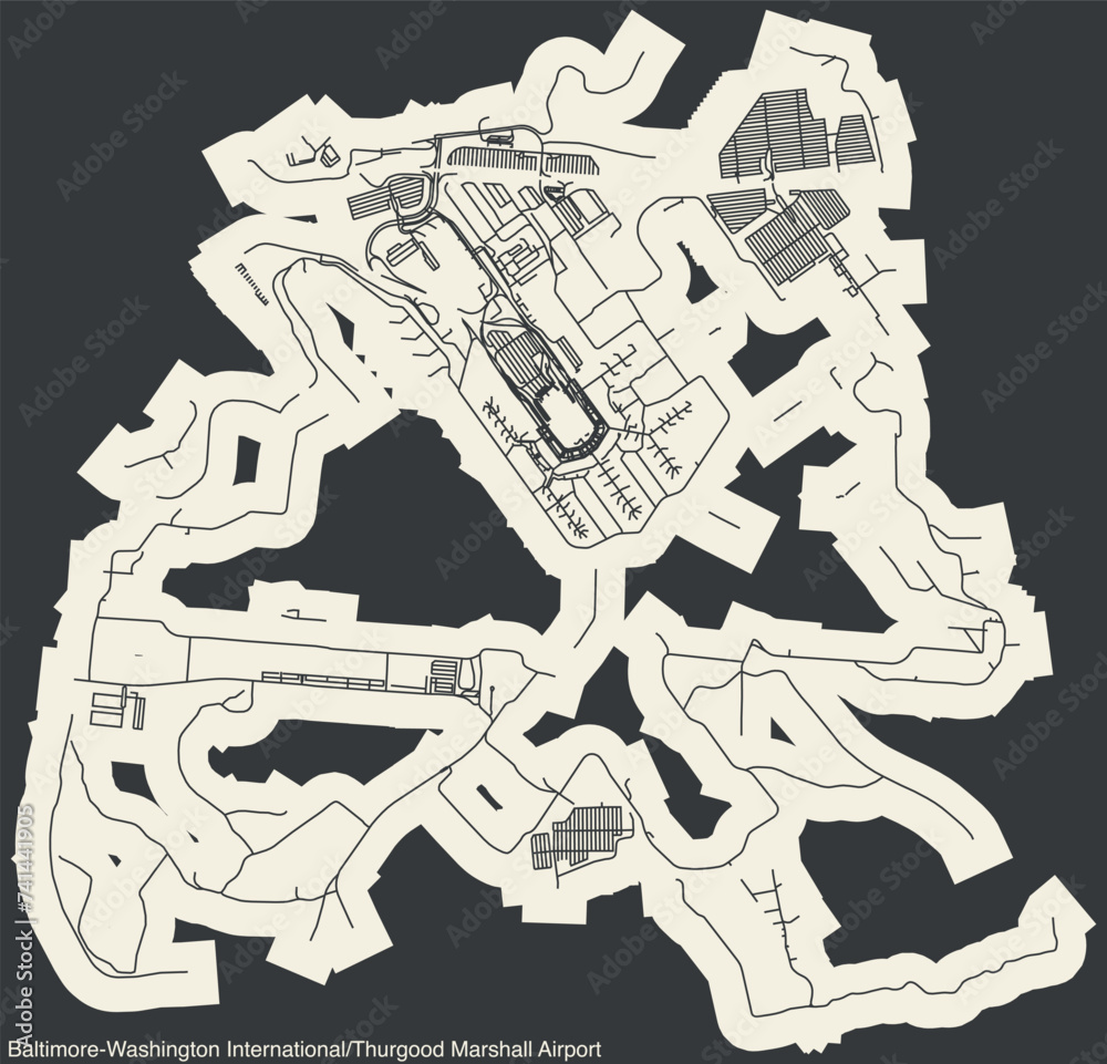 High contrasted terminals layout diagram map with airfield road lines ...