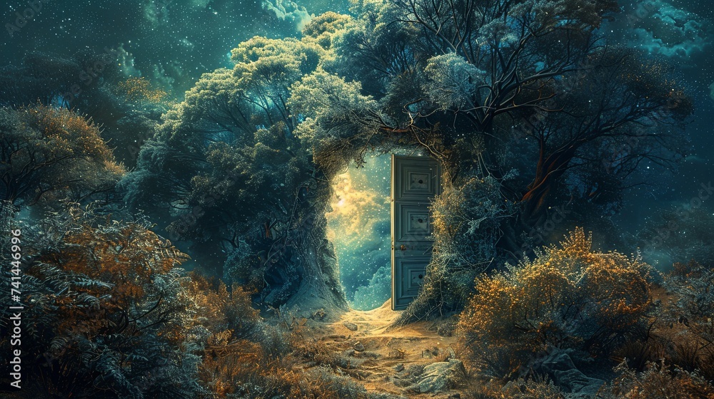 Digital art of an open doorway in a mystical forest leading to a star ...