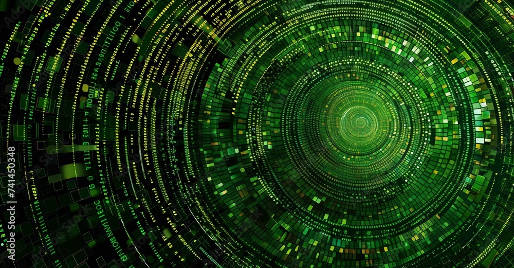 A vivid digital vortex of green matrix code and square pixels ...