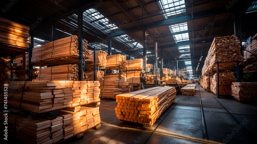 Imagen que muestra vigas de madera apiladas y ordenadas en un almacén ...