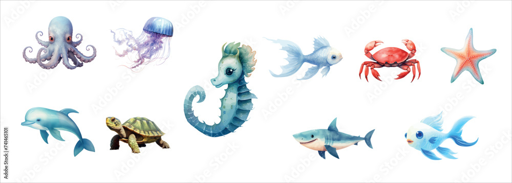 Collection of Detailed Sea Creatures Including Octopus, Jellyfish ...
