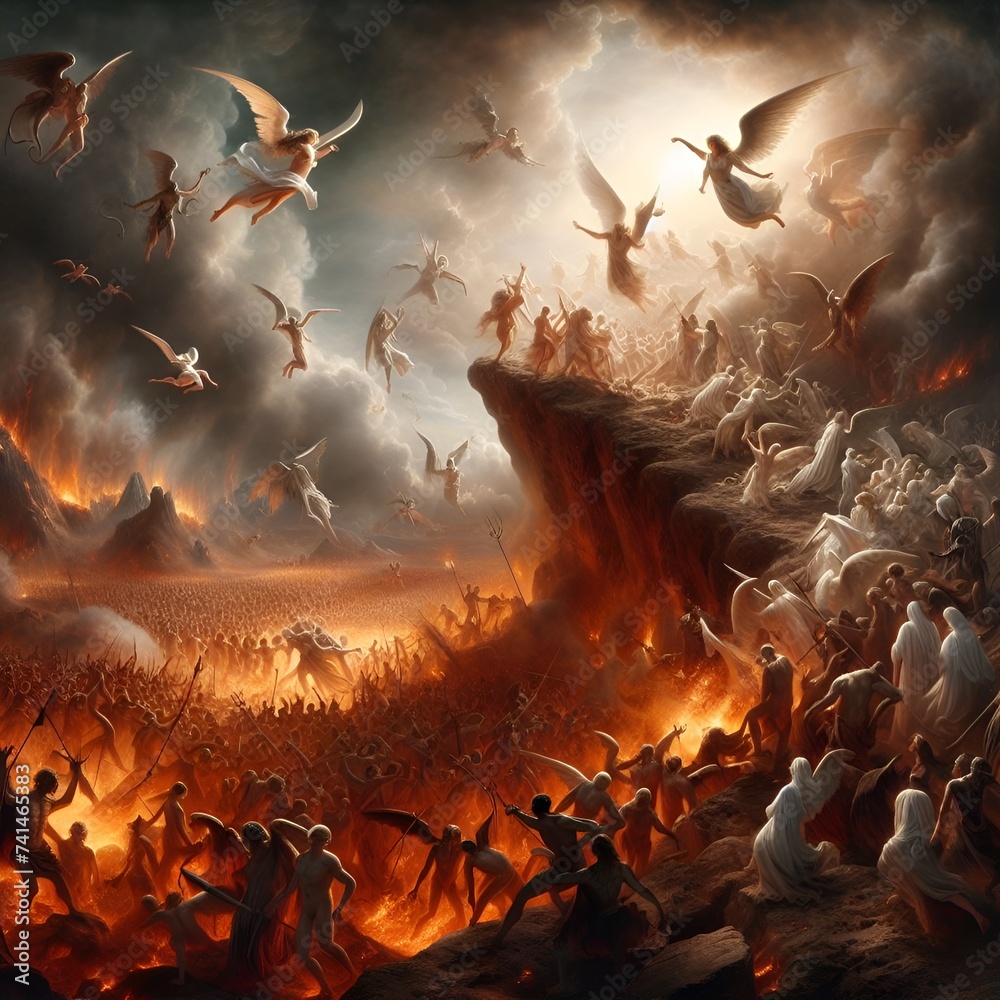 An epic scene of the battle between good and evil. An army of angels in ...