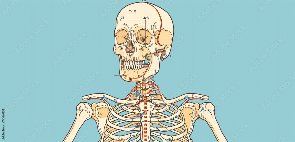 Create an illustration of a human skeleton from the front, highlighting ...