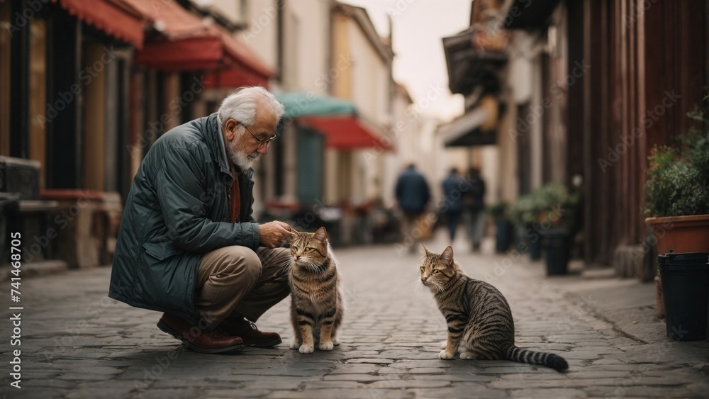 Caring for abandoned, street animals. An old man on the street feeds ...