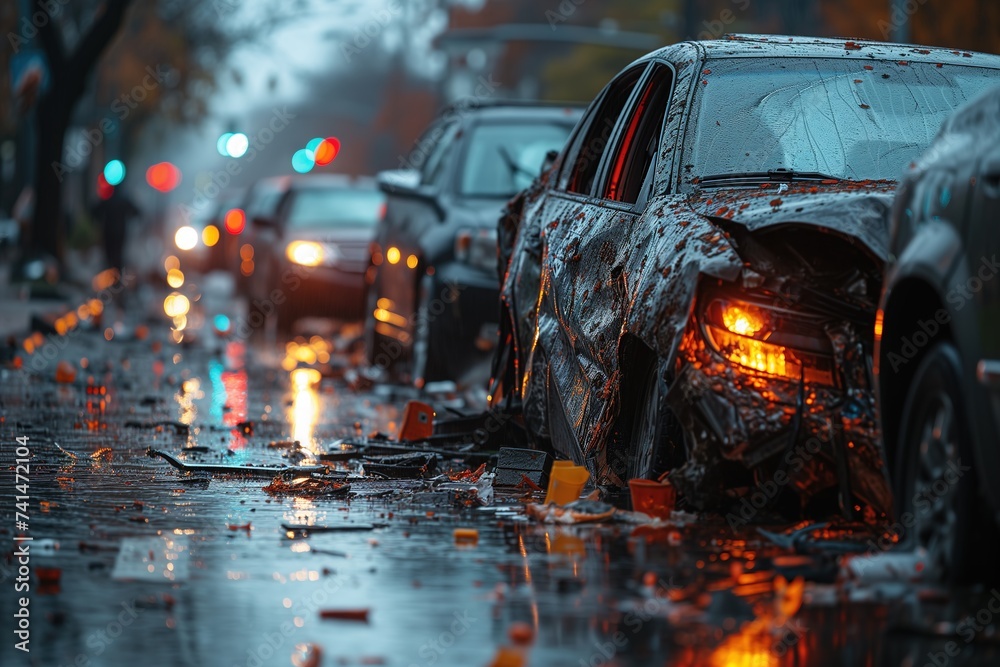 Foto de Amidst the winter rain and city lights, a car accident on the ...