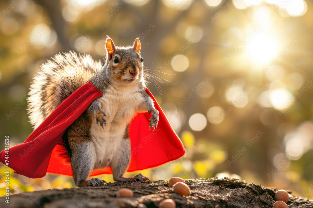 squirrel in superhero cape over forest background. Superhero squirrel ...