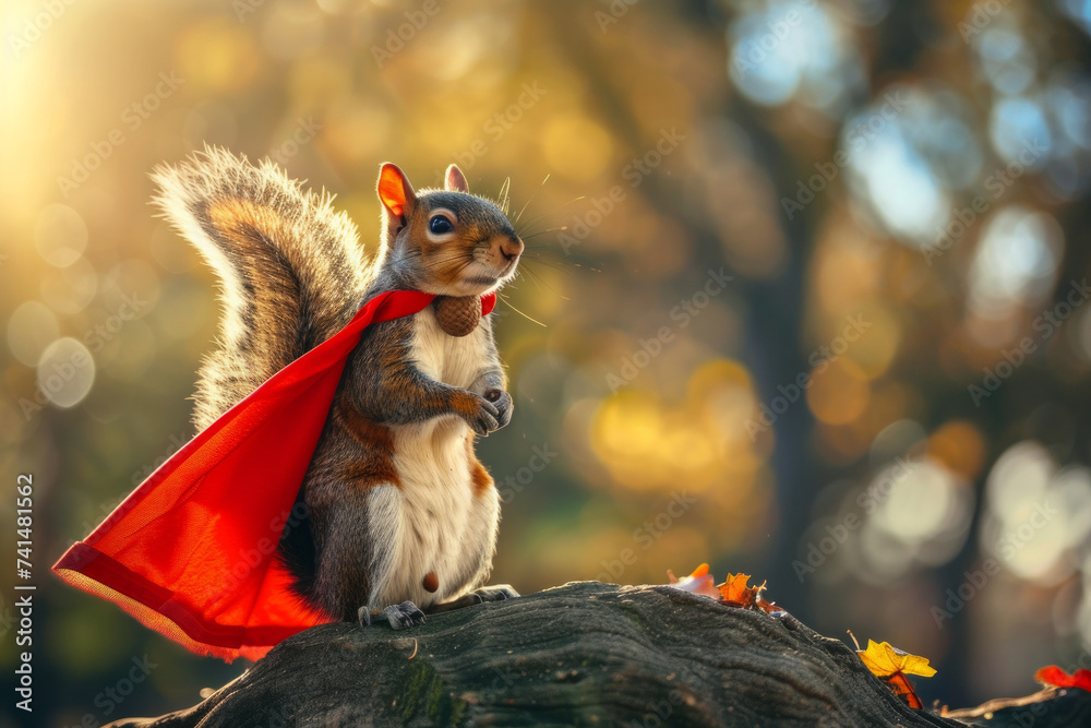 squirrel in superhero cape over forest background. Superhero squirrel ...