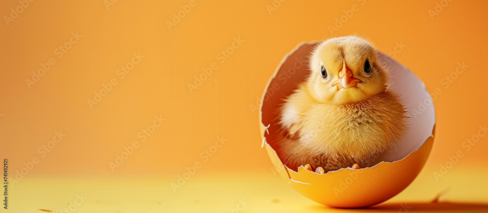 Cute little chicken, Yellow chicken hatching from egg, Banner with ...