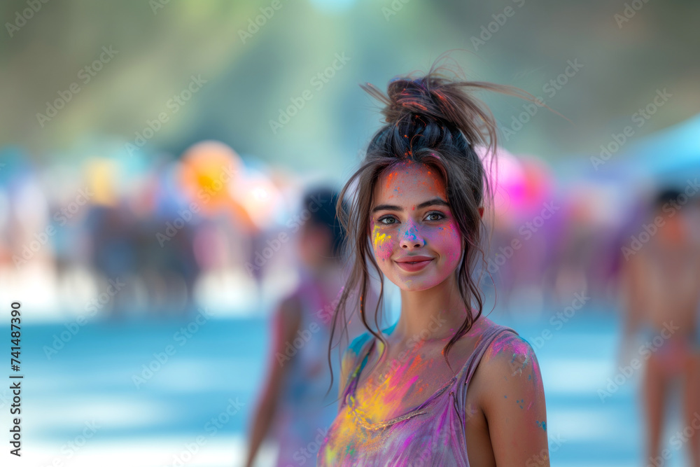 Radiant Joy: Holi Colors in Sunset Glow. Woman basking in the sunset ...