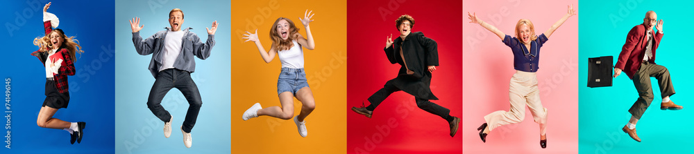 Collage made of portraits in mid-air of happy and smiling, joyful ...