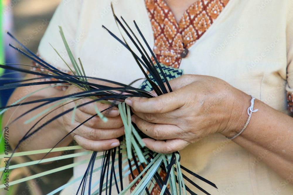 A Thai woman´s hand is weaving an ancestral basket case from bamboo ...