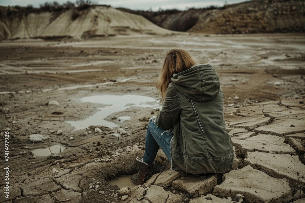 Sad person sitting on dry and cracked ground, concept of environmental ...