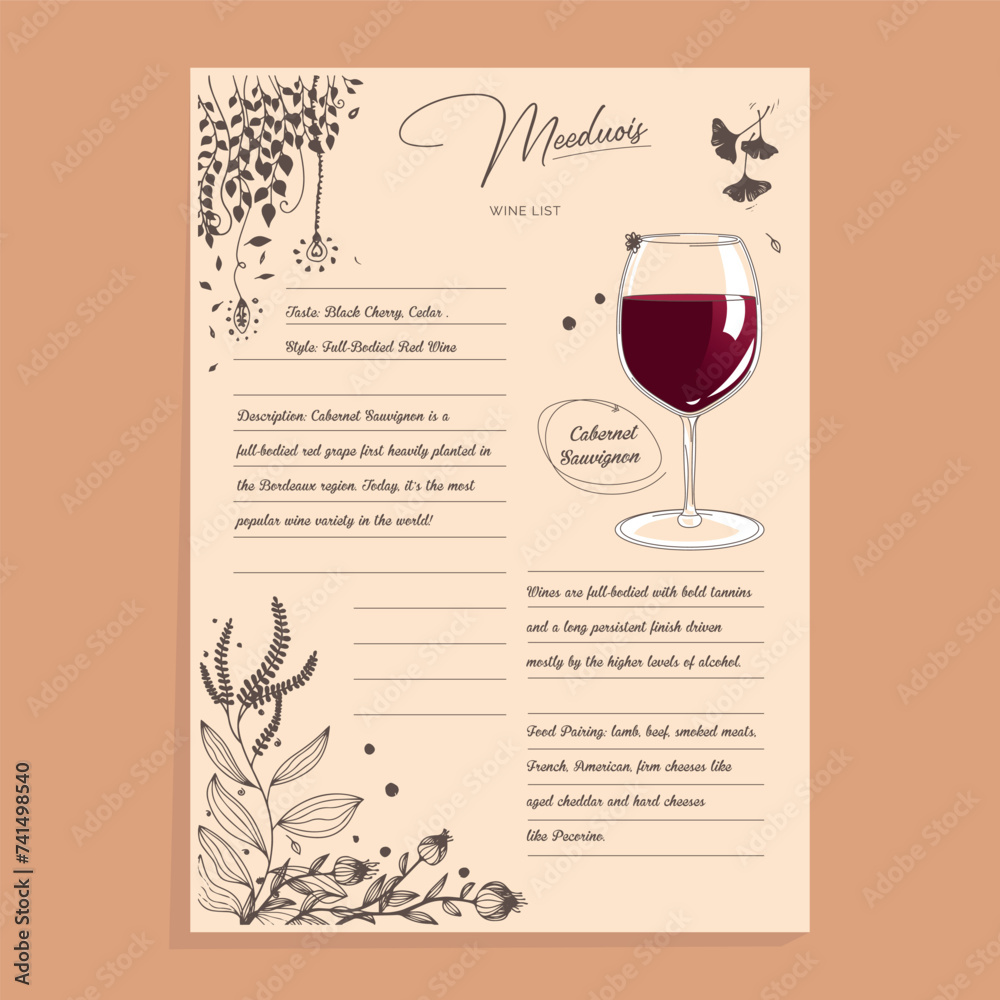Types of wine grapes. Beverage Passport. Wine list. Handwritten floral ...