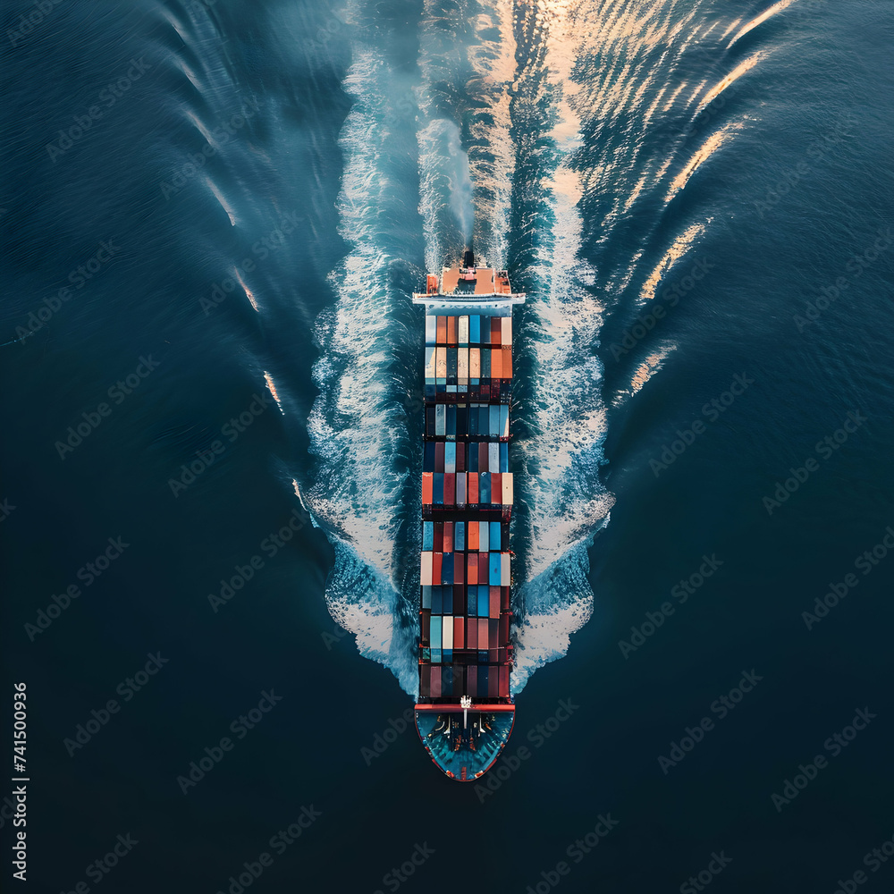 Aerial top view of cargo ship contrail in the ocean sea ship carrying ...