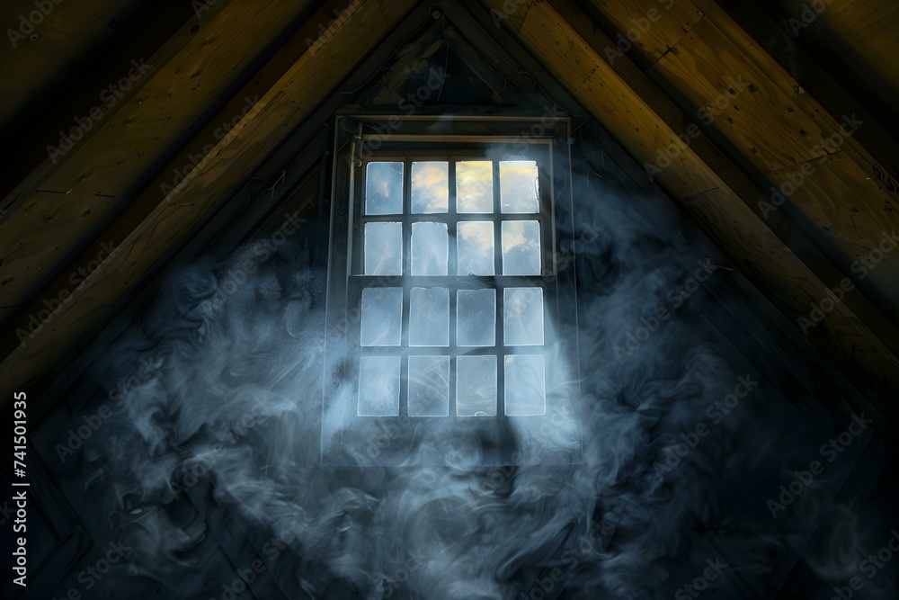 Spooky attic in an old yellow house with a dusty window. Concept Creepy ...