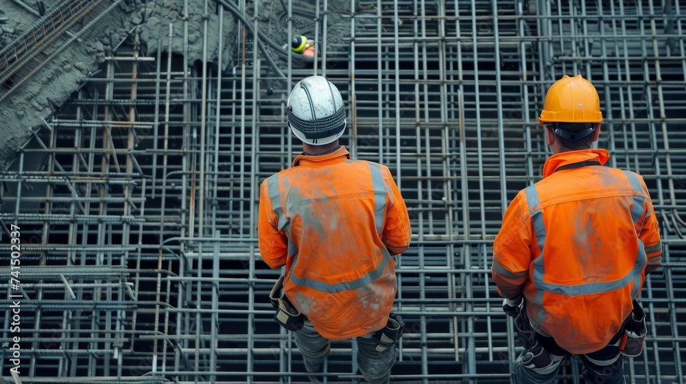 Construction Workers Overlooking Rebar Framework Two construction ...