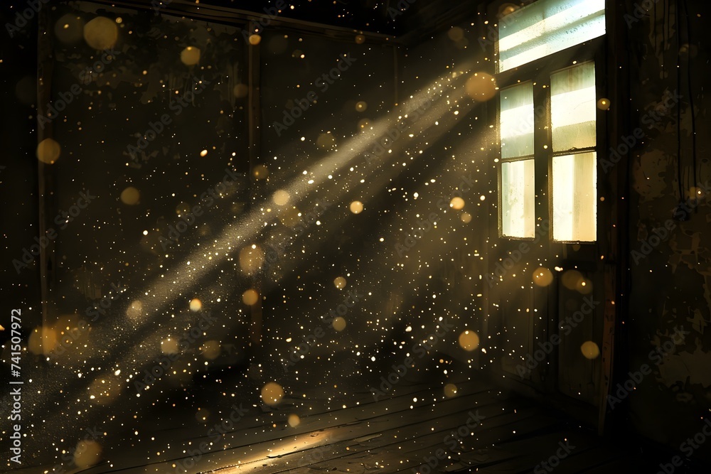 Room filled with dust particles lit by a solitary ray of light. Concept ...