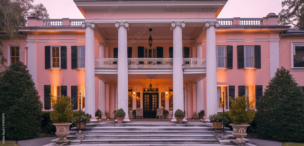 Stately 1920s colonial revival mansion with a prominent portico and ...