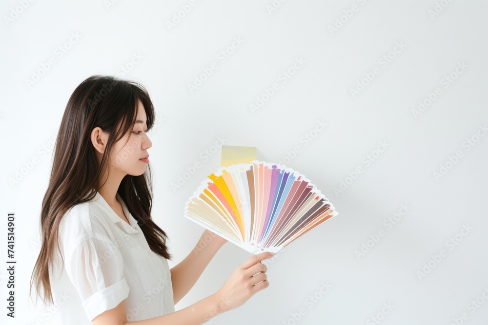 woman comparing paint swatches against white wall backdrop Stock Photo ...