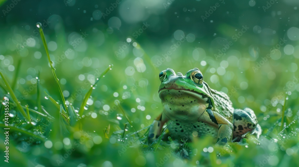 Green frog on grass wet with morning dew, perfect for an animal-themed ...