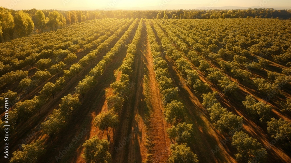 A top-down view of a walnut orchard in the golden hour, with rows of ...