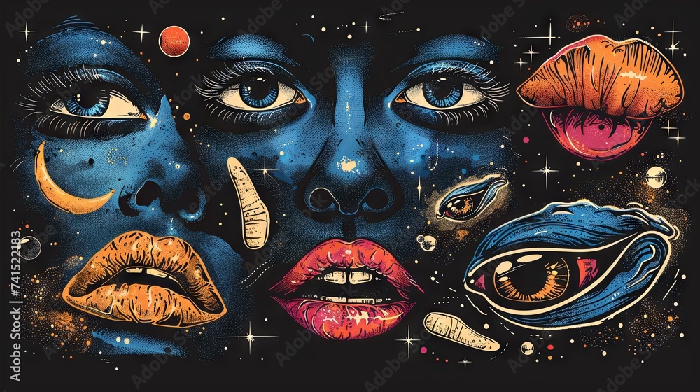 Zodiac signs set with face woman. Gemini, Leo, Virgo, Scorpio ...