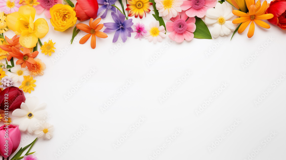 Fond blanc avec un contour de fleurs, plantes fraîches et colorées ...