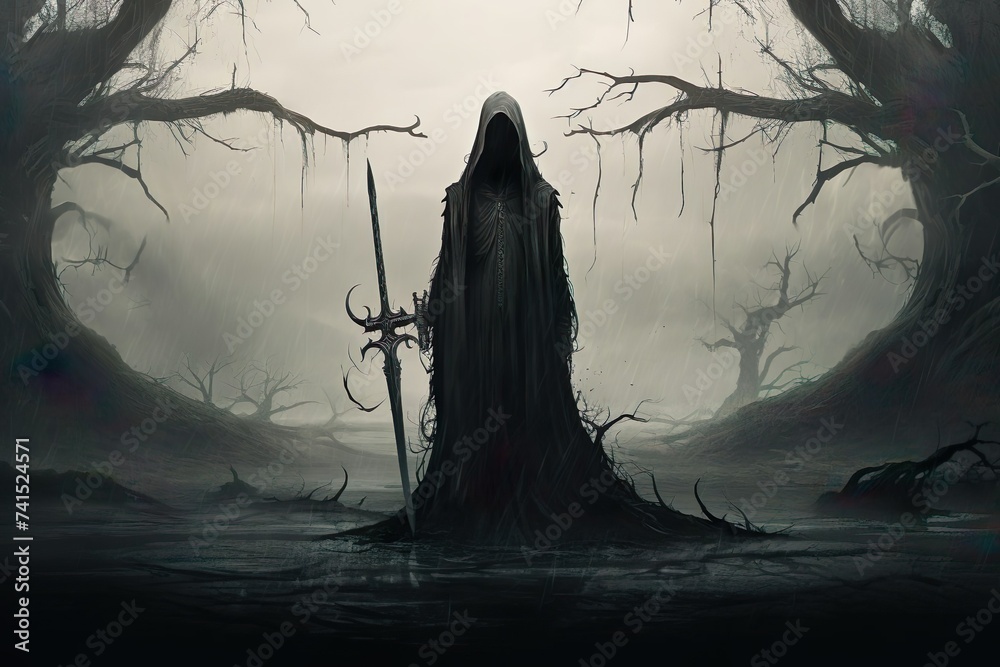 3d illustration of desert land drought with dried trees,moon and hills ...