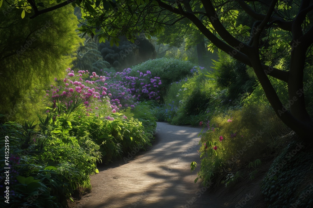 dappled light on serpentine path, with dreamy shades of blooming garden ...
