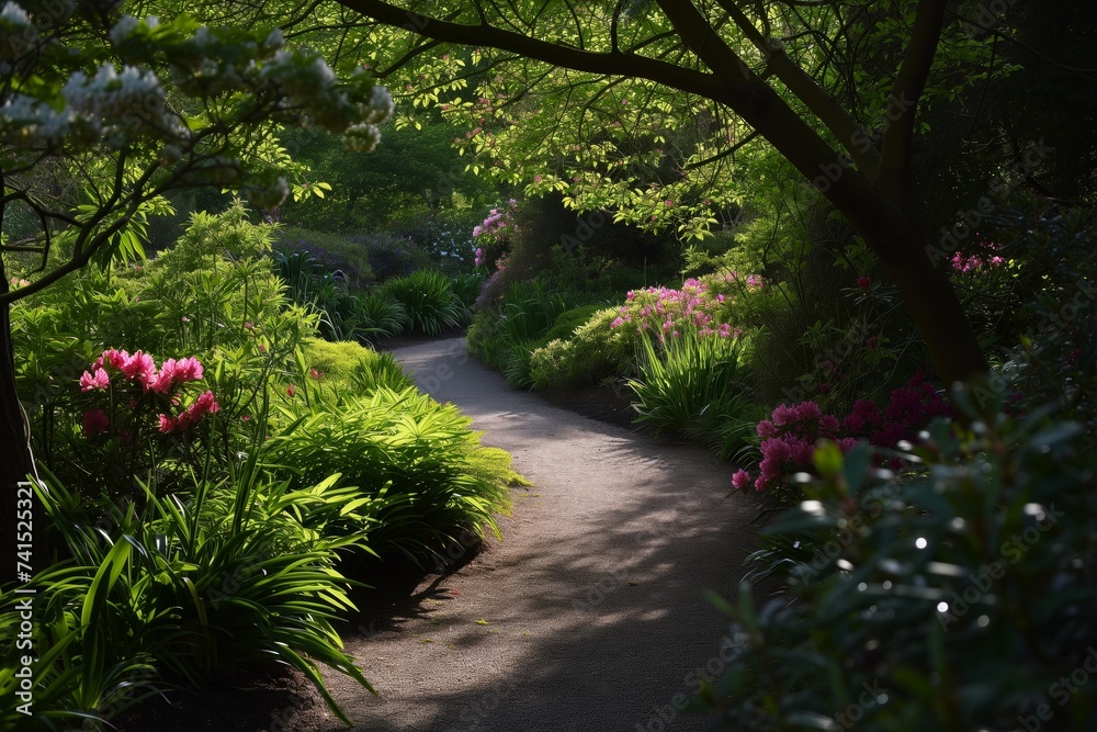 dappled light on serpentine path, with dreamy shades of blooming garden ...