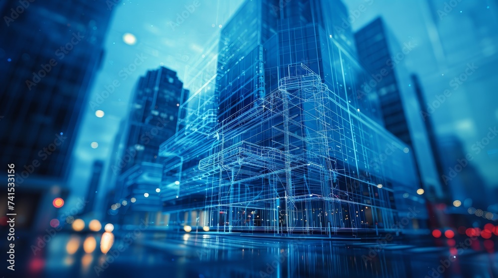 Futuristic digital overlay on urban skyscrapers at night, illustrating ...