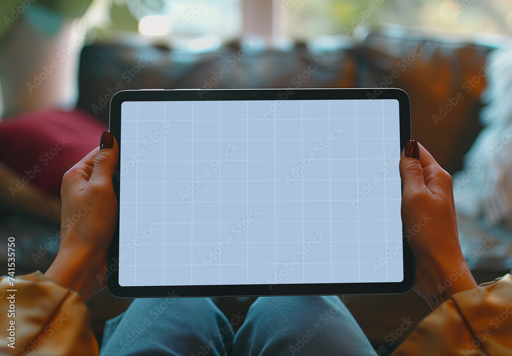 Mockup With Female Hands Holding Tablet Device With Generative ai Stock ...