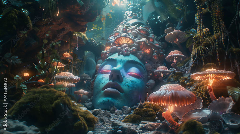 Trippy scene of psychotropic psychedelia, with hallucinogenic mushrooms ...